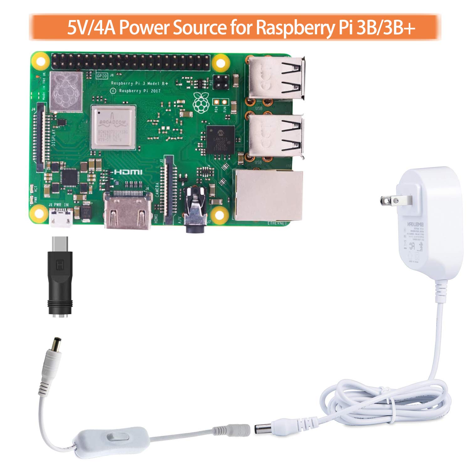 Makeronics AC 100V-240V Converter Adapter DC 5V 4A Power Supply US Plug 5.5mm x 2.1mm 4000mA Power Adapter for Jetson Nano (A02/B01/2GB)| Raspberry Pi 5 / 4B/3B+/3B with UL FCC Certificate