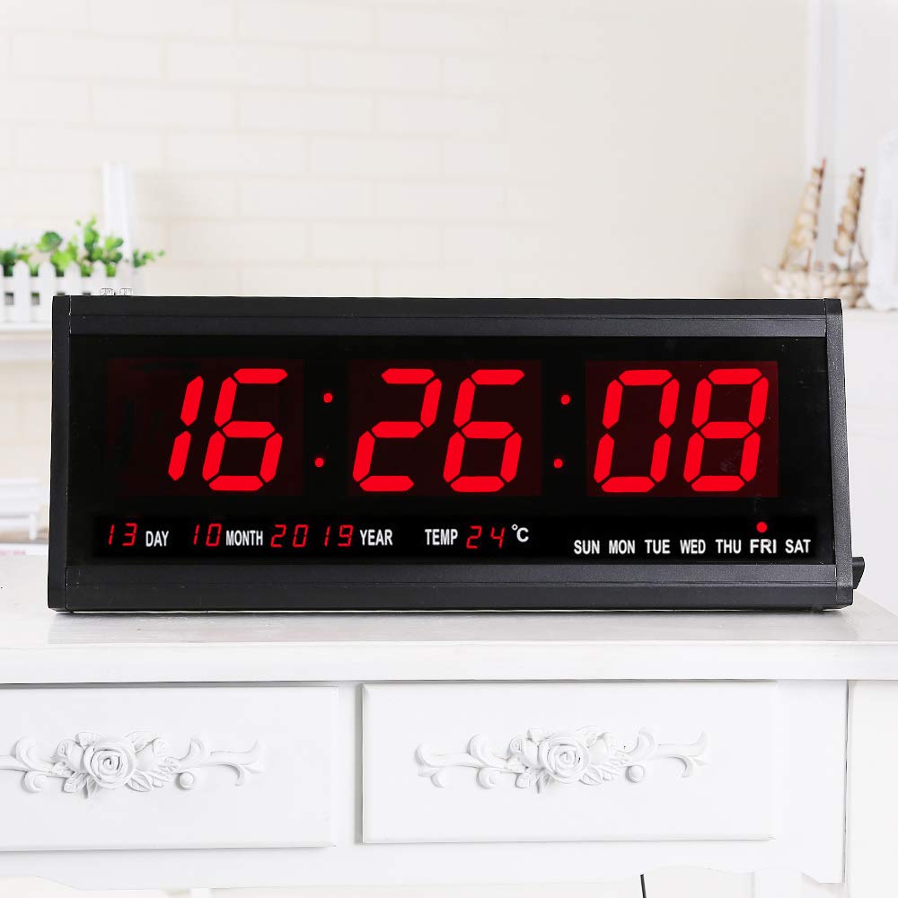 18.9 Inch Oversized LED Digital Wall Clock Large Display with Indoor Temperature Date and Day of Week,Electric Wall Clock/Calendar Timer Home Decor -Red