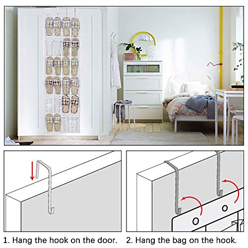 QUMENEY 24 Pockets Over the Door Shoe Organiser, Folding Hanging Organiser Shoe Racks with Hooks, Heavy-Duty Hanging Mesh Shoe Holder for Badroom, Bathroom, Wardrobe