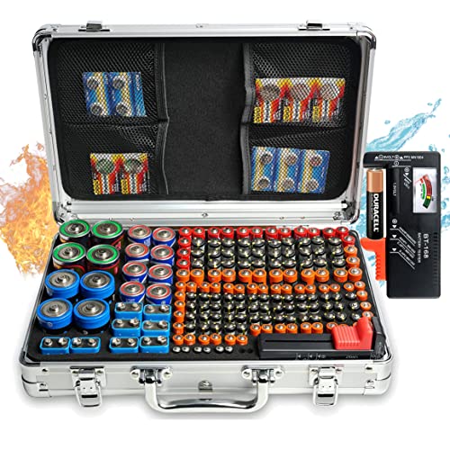 Deluxe Hard Aluminum 200 Battery Storage Organizer case with tester, Safe Fireproof Batteries container holder caddy box with handheld checker, hold 60 AA, 86 AAA, 8 C, 8 D, 8 9V Batteries(no battery)