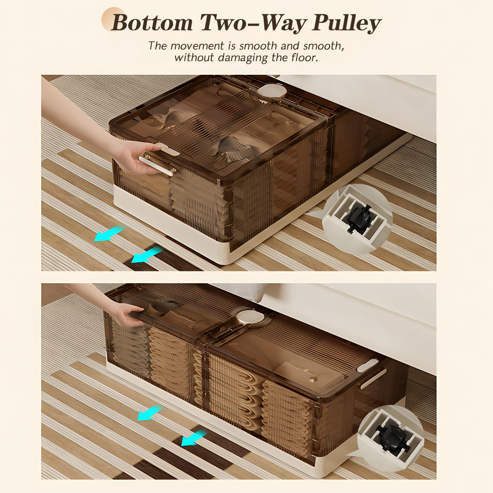 2 Pack Under-bed storage box with wheels, stackable, under-bed shoe storage drawer, foldable plastic storage box with lid, can store clothes, shoes, blankets, toys, books (L Szie,White Transparent)
