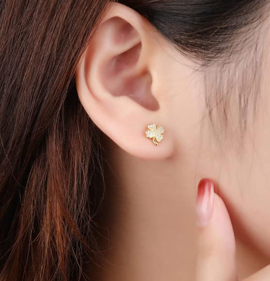 14K Gold Plated Stud Earrings Cubic Zirconia Earring Four Leaf Clover Earrings Small Stud Earrings S925 Silver Needle for Women