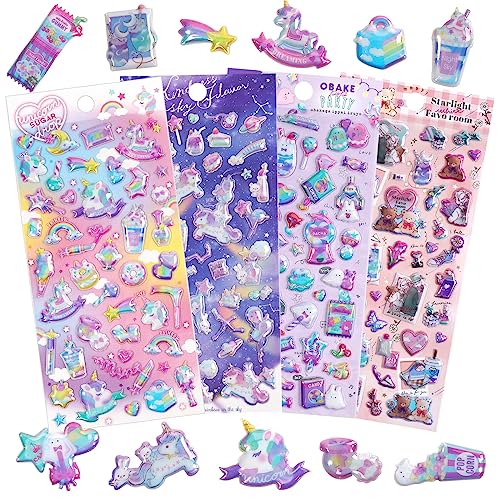 3D Puffy Unicorn Stickers for Girls Kids | Cute Sparkle Rainbow Stars Moons Clouds Candy Stickers for Phone Cases, Laptops, Party Favors | 4 Sheets.