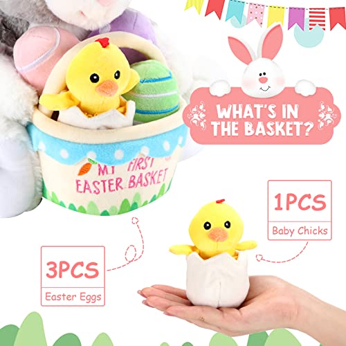 6 Pieces My First Plush Egg Basket 14 Inch Plush Easter Bunny Rabbit Stuffed Animal with Plush Easter Chick Eggs for Easter Theme Party Favor, Easter Eggs Hunt, Basket Stuffers Fillers Gifts