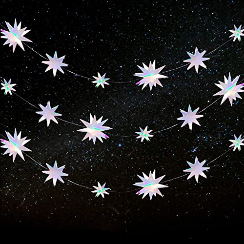 3D Star Disco Iridescent Silver Party Decorations Snowflake Garland, UNIIDECO Groovy Dance Euphoria Prom Party Twinkle Stars Decor, Iradescent Ceiling Hanging Bachelorette Graduation Supplies