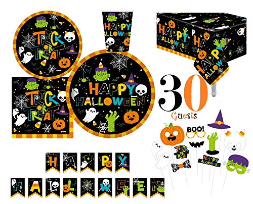 Serves 30 Complete Party Pack Cute Halloween Monsters and Ghosts 9" Dinner Paper Plates 7" Dessert Paper Plates 9 oz Cups 3 Ply Napkins 2 Table Cover Halloween Banner Halloween Party Decorations Halloween Party Supplies