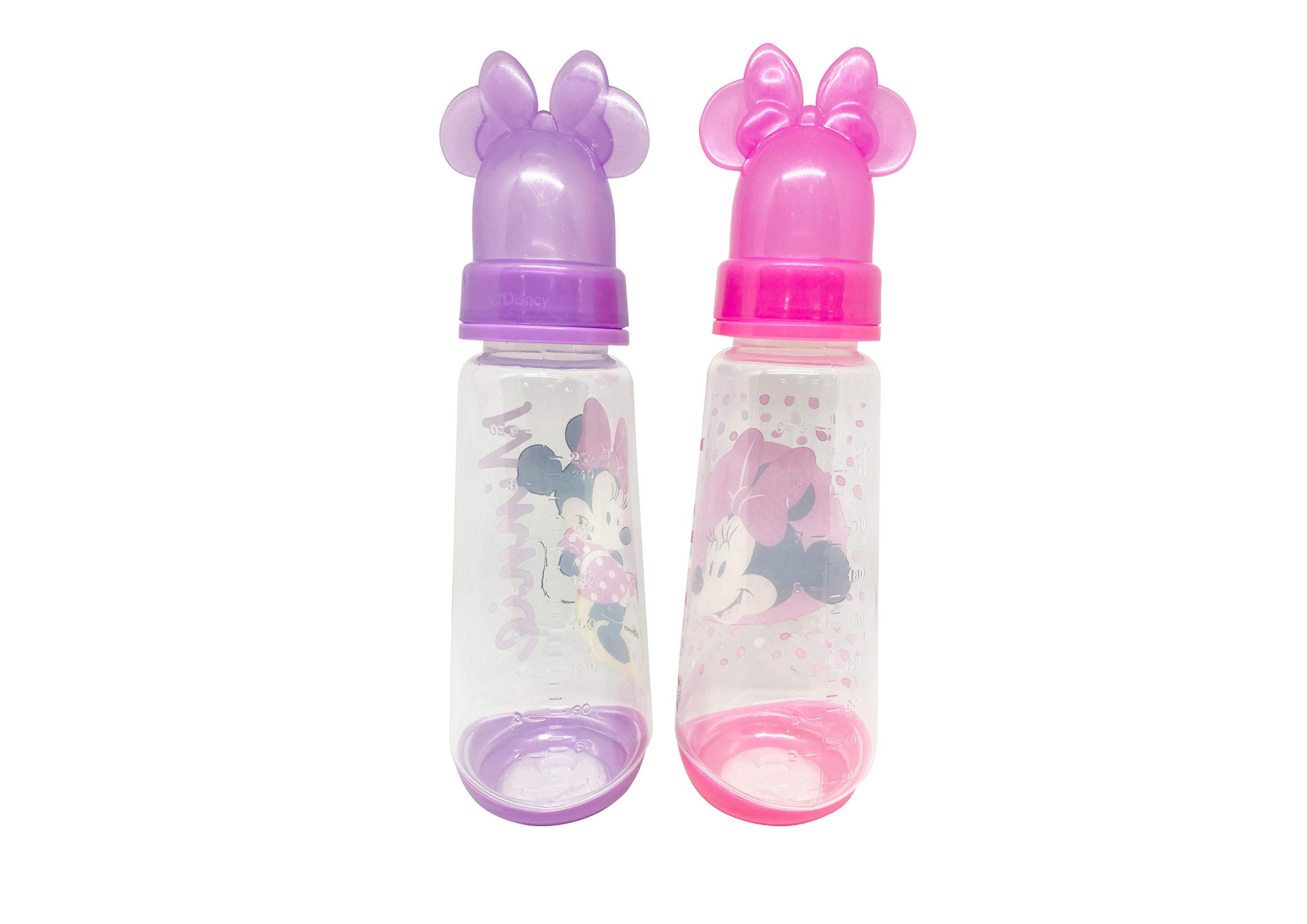 Disney Cudlie Minnie Mouse Baby Girl 2 Pack of 9 Oz Bottles with Removeable Character Molded Lid in Its Minnie Print