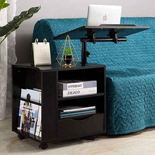 SIDUCAL Multi-Functional Wooden Bedside Table Height Adjustable & 360 Rotation Table top Rolling Laptop Desk Computer Table,Nightstand with Drawers, Black (Right Side) …