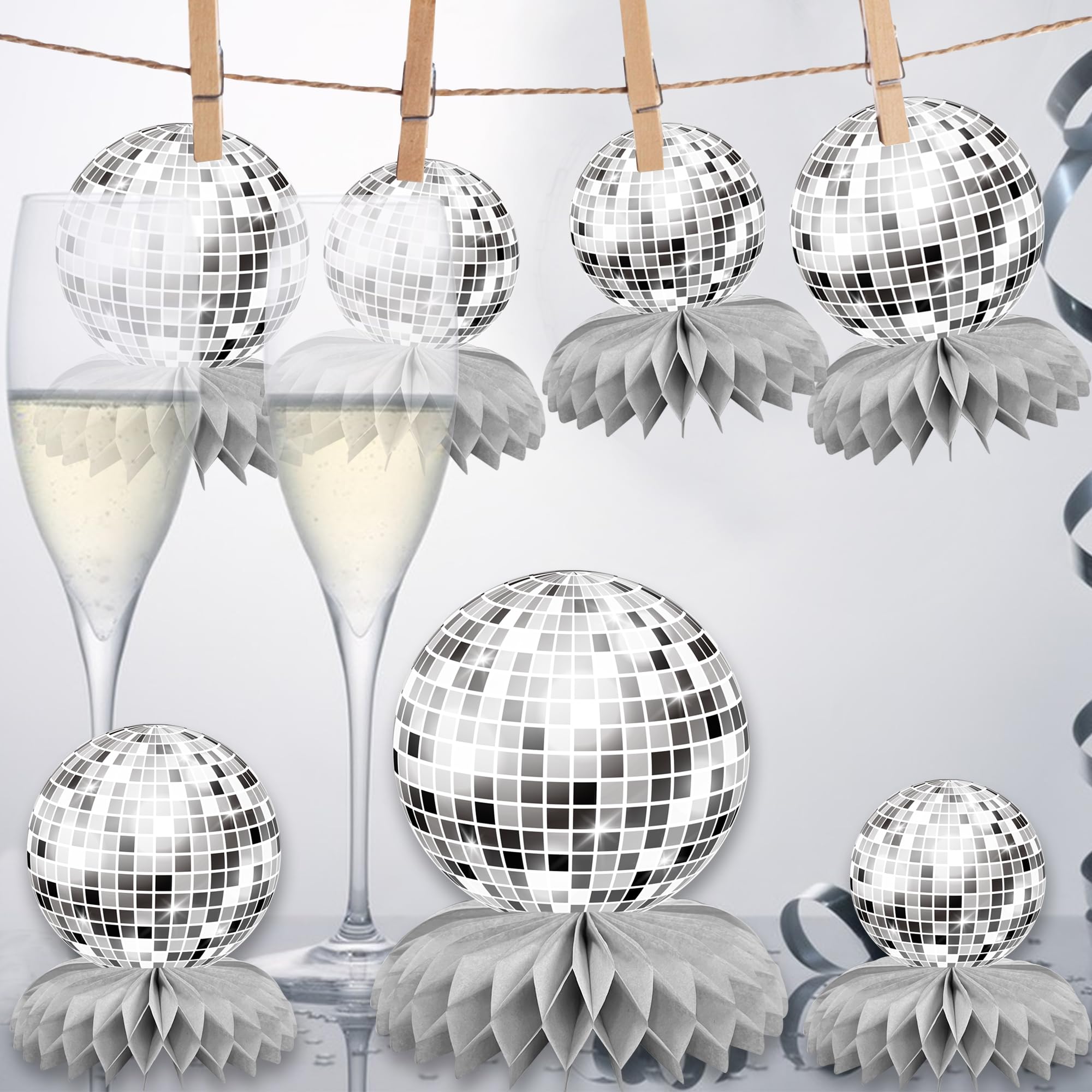 15 PCS Silver Disco Theme Honeycomb Centerpieces Disco Ball Party Decorations 70s Disco Party Table Centerpieces for Back to 70s Party Supplies Favors