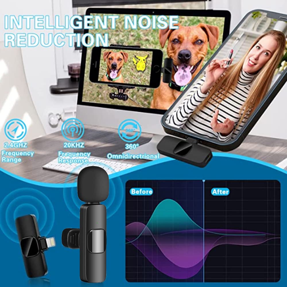 2 Pack Wireless Lavalier Microphone for Phone, Lapel Mics Plug-Play 2.4G Ultra-Low Delay Built-in Noise Reduction Chip 8H Working Time for Video Recording Interview Podcast Vlog YouTube TikTok