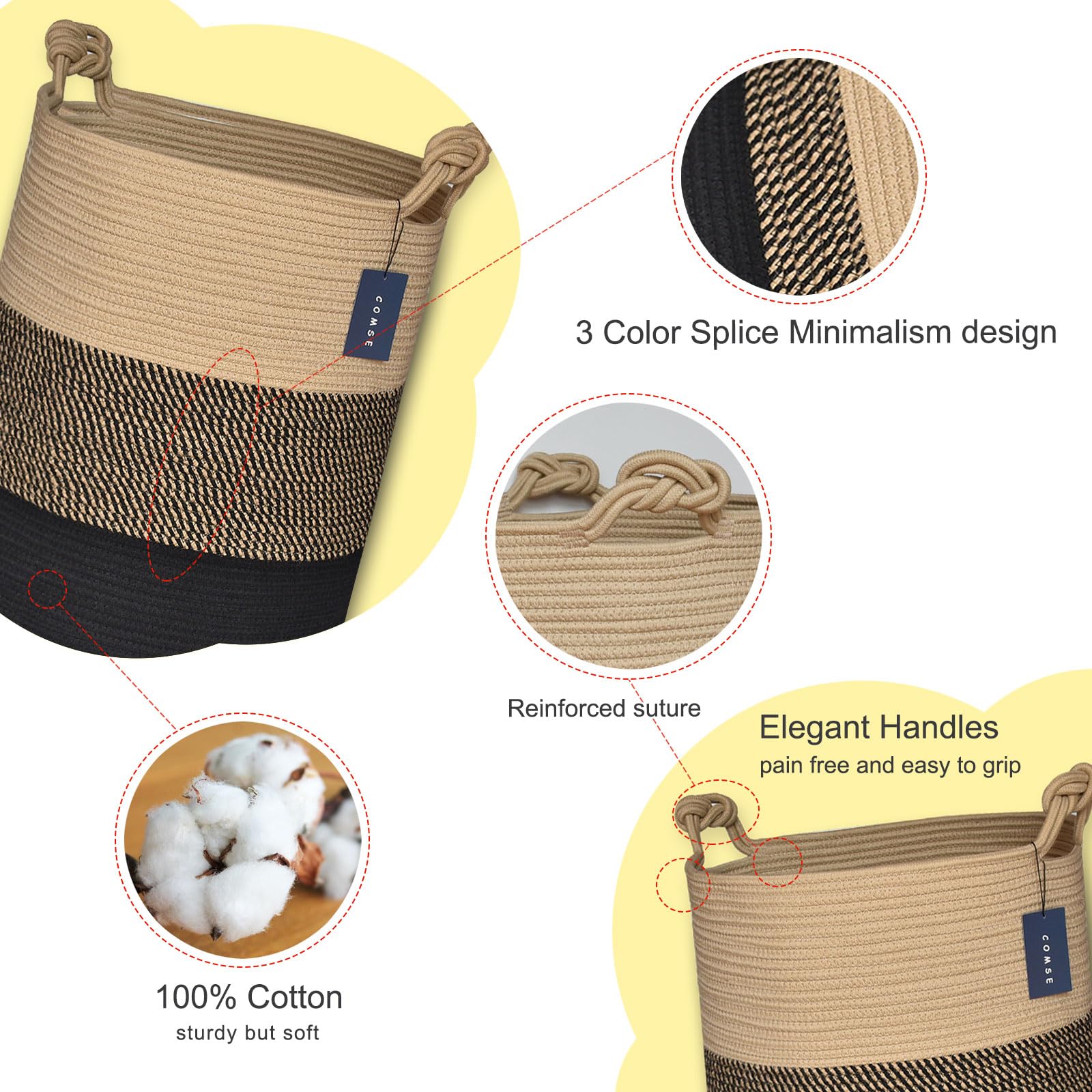 COMSE Extra Large Blanket Basket, High Storage Basket, Tall Rope Laundry Basket, 15.7”x 21.7”, Cotton Rope Basket, XXXL Laundry Basket, Toy Basket, Woven Basket, Clothes Baskets,Brown/Black
