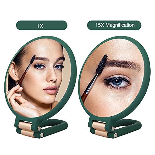 FUHUIM 1x 15x Magnifying Handheld Mirror, Double Sided Pedestal Magnification and True Image Makeup Mirror, Compact Size and Portable Vanity Cosmetic Mirror for Girl (Army Green)