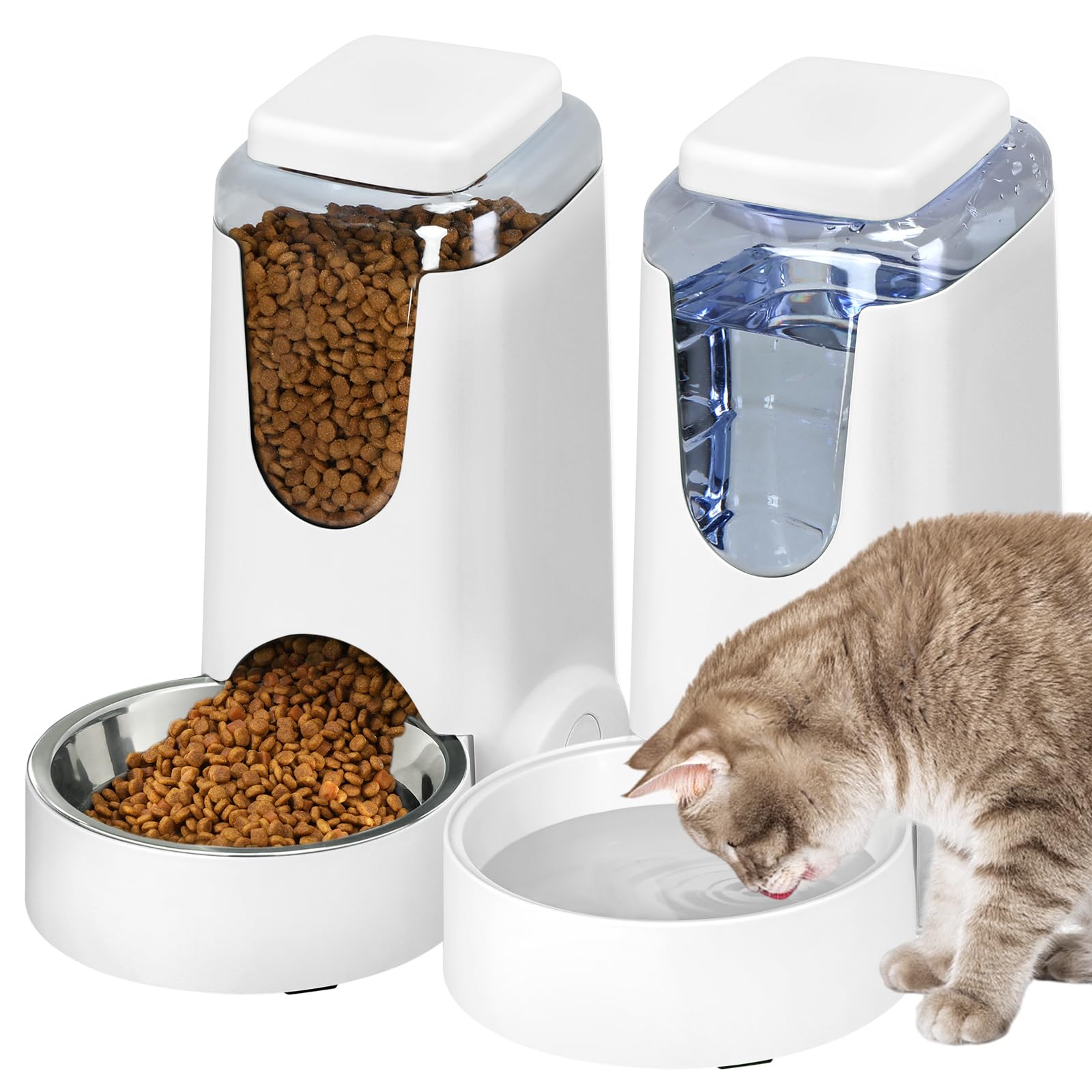 2 Pack Automatic Cat Feeder and Water Dispenser Dog Gravity Food Feeder and Waterer Self Feeding Bowls for Small Medium Pets Puppy Kitten (White)