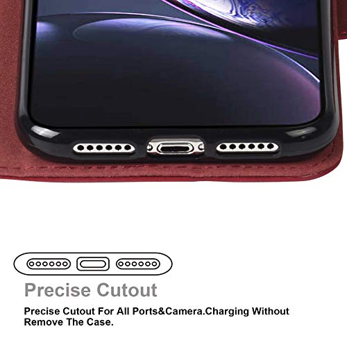 Arae Wallet Case for iPhone XR PU Leather flip case Cover [Stand Feature] with Wrist Strap and [4-Slots] ID&Credit Cards Pocket for iPhone XR 6.1 inch (Wine red)