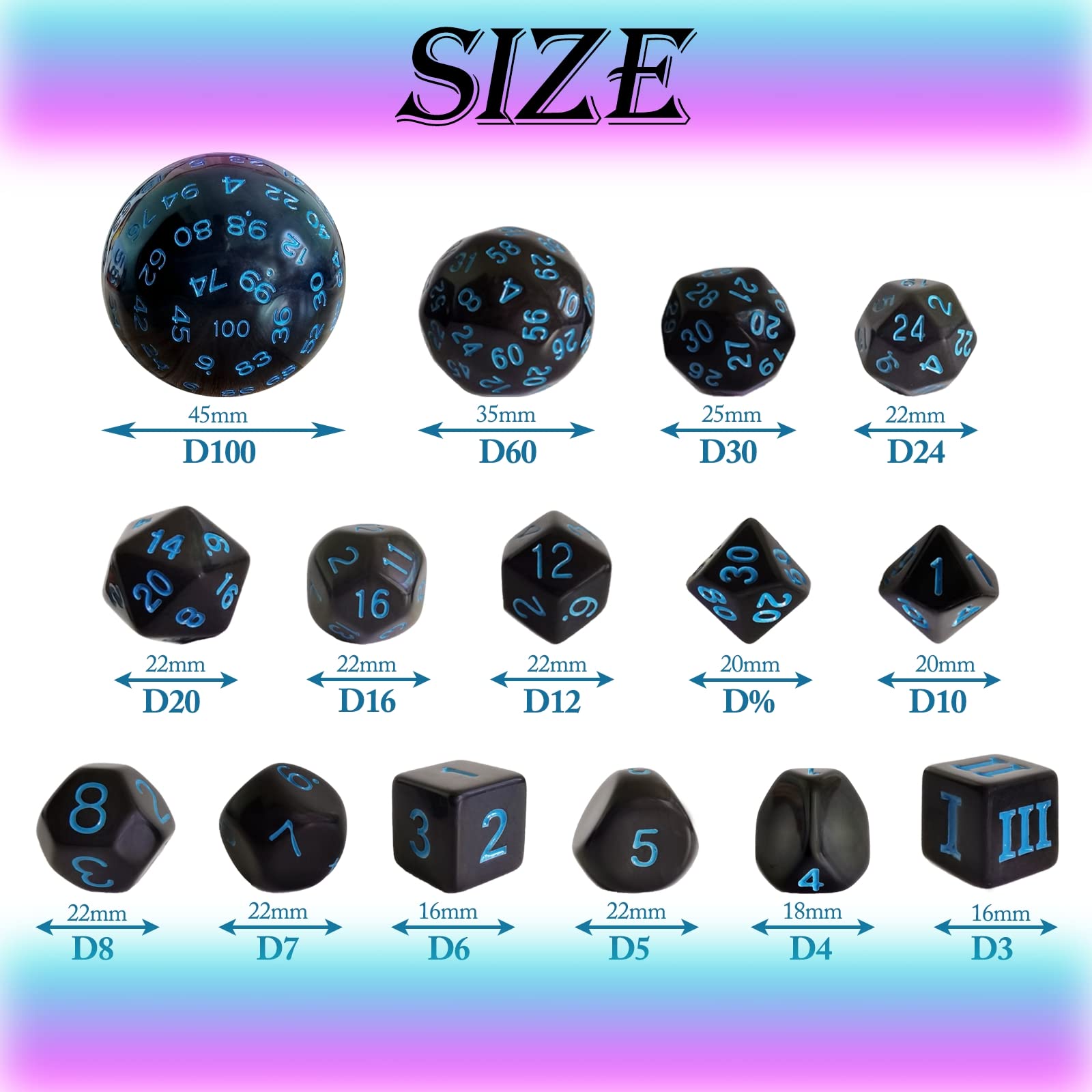 15 Pieces Complete Polyhedral Dice Set D3-D100 Spherical D&D Dice Set with a Drawstring Storage Bag, D100 Dice for Dungeons and Dragons, RPG, MTG Table Games