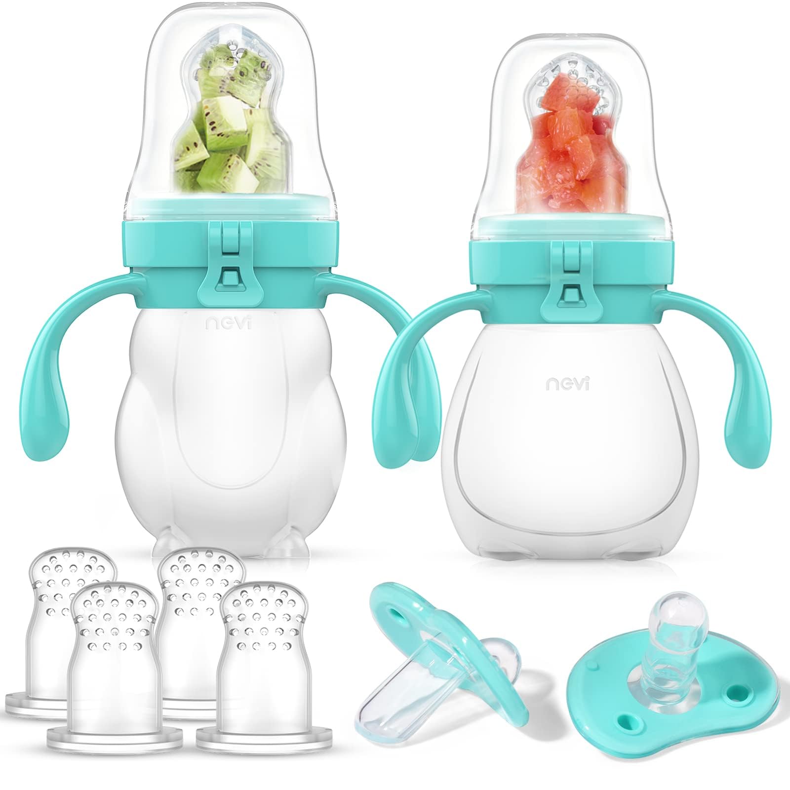 NCVI Baby Fruit Feeder | Fresh Food Pacifier | Silicone Teething Relief Toy, Appetite Stimulation for Feeding, BPA Free, 6 Replacement Nipple, 2Pack (Bear&Rabbit)