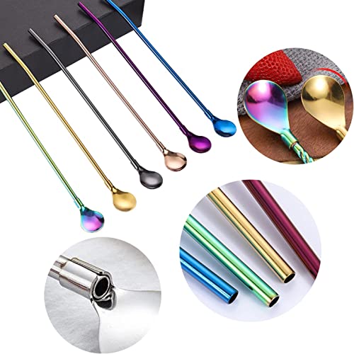 14Pcs Straws Spoon, BetterJonny Stainless Steel Drinking Spoon Straws 2 in 1 Long Handle Reusable Straws Spoon with 2 Cleaning Brushes for Latte Macchiato (7 Color)