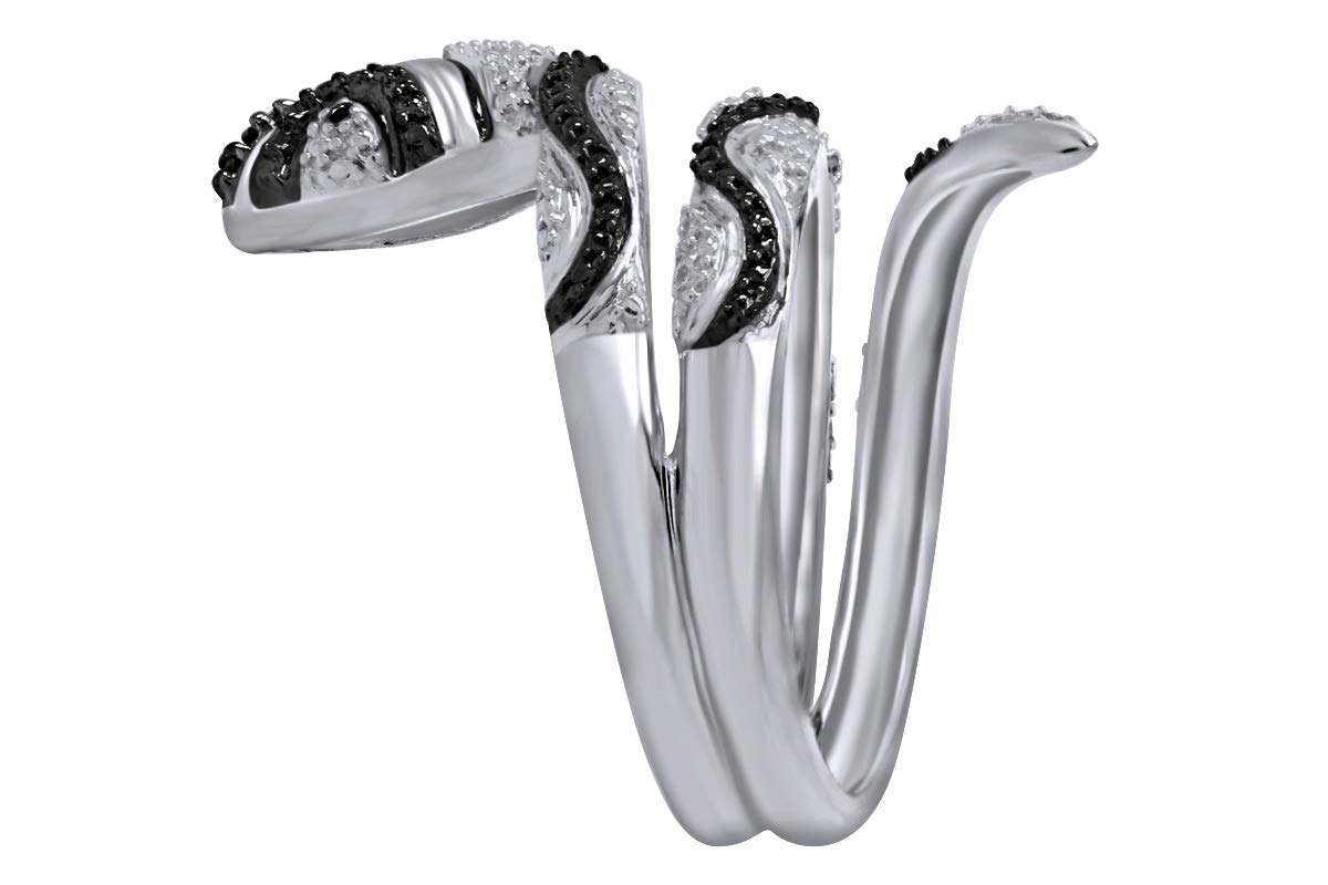 14k White Gold Over Sterling Silver Black Natural Diamond Accent Snake Ring For Women Ring Size-7 (0.01 Carat, Color - Black, Clarity I2-I3)