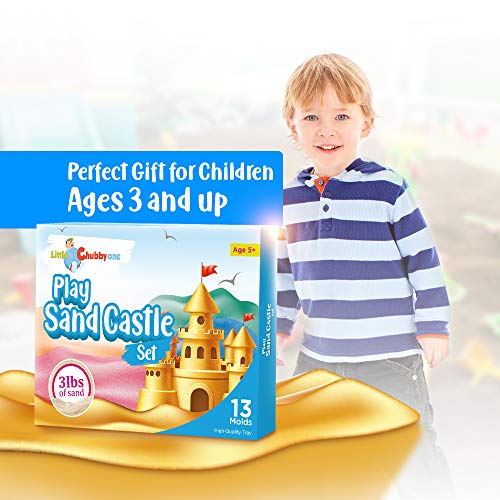 LITTLE CHUBBY ONE Kids Play Sand Castle Set - 3 Lbs Sand - Toy Magic Sand Set - 10 Molds - Mess Free Play for Girls and Boys - Ideas for Children Activities Age 3 4 5 6 7 8 9 10