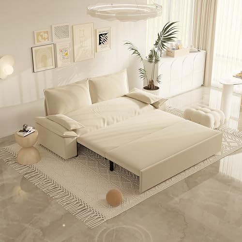 3-in-1 Convertible Queen Size Pull Out Sleeper Sofa Bed, Velvet Fabric Multi-Functional Futon Loveseat Couch Bed Lounge Chaise with 2 Soft Pillows and Detachable Cushions for Living Room