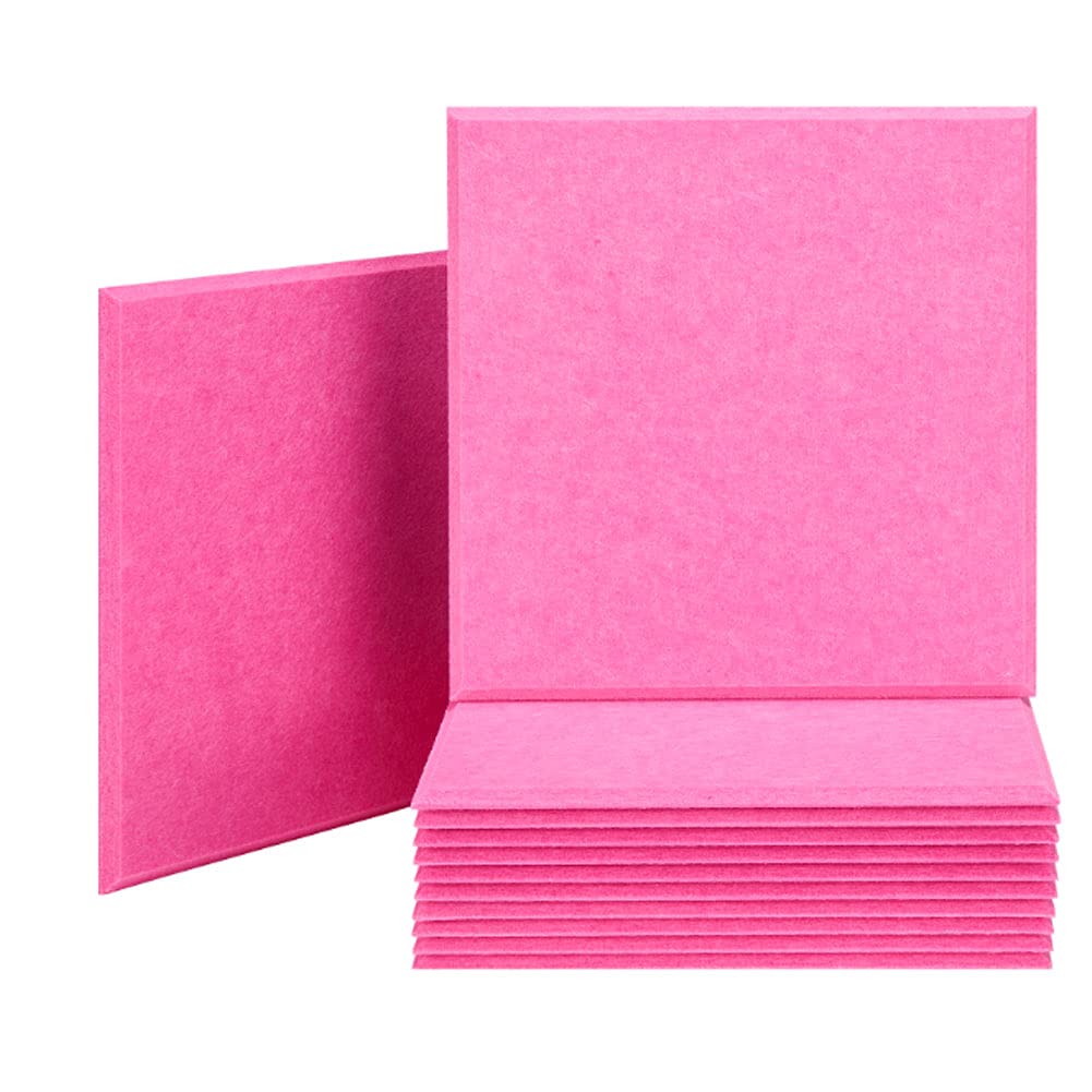 12 Pack Acoustic Foam Panels, 12" x 12" x 0.4" Studio Soundproof Foam Panels | Wall Noise Canceling Dampening Absorbing Barrier Padding Pads | Studio Ceiling Bedroom, Flameproof Non-Stick (Pink)