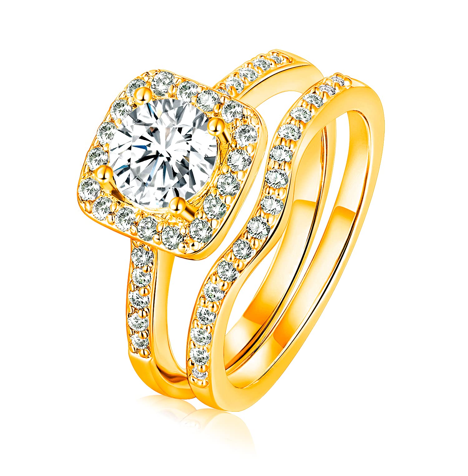 18K Gold Plated Two-in-One Wedding Engagement Eternity Rings Halo Cubic Zirconia Bridal Rings Set 7
