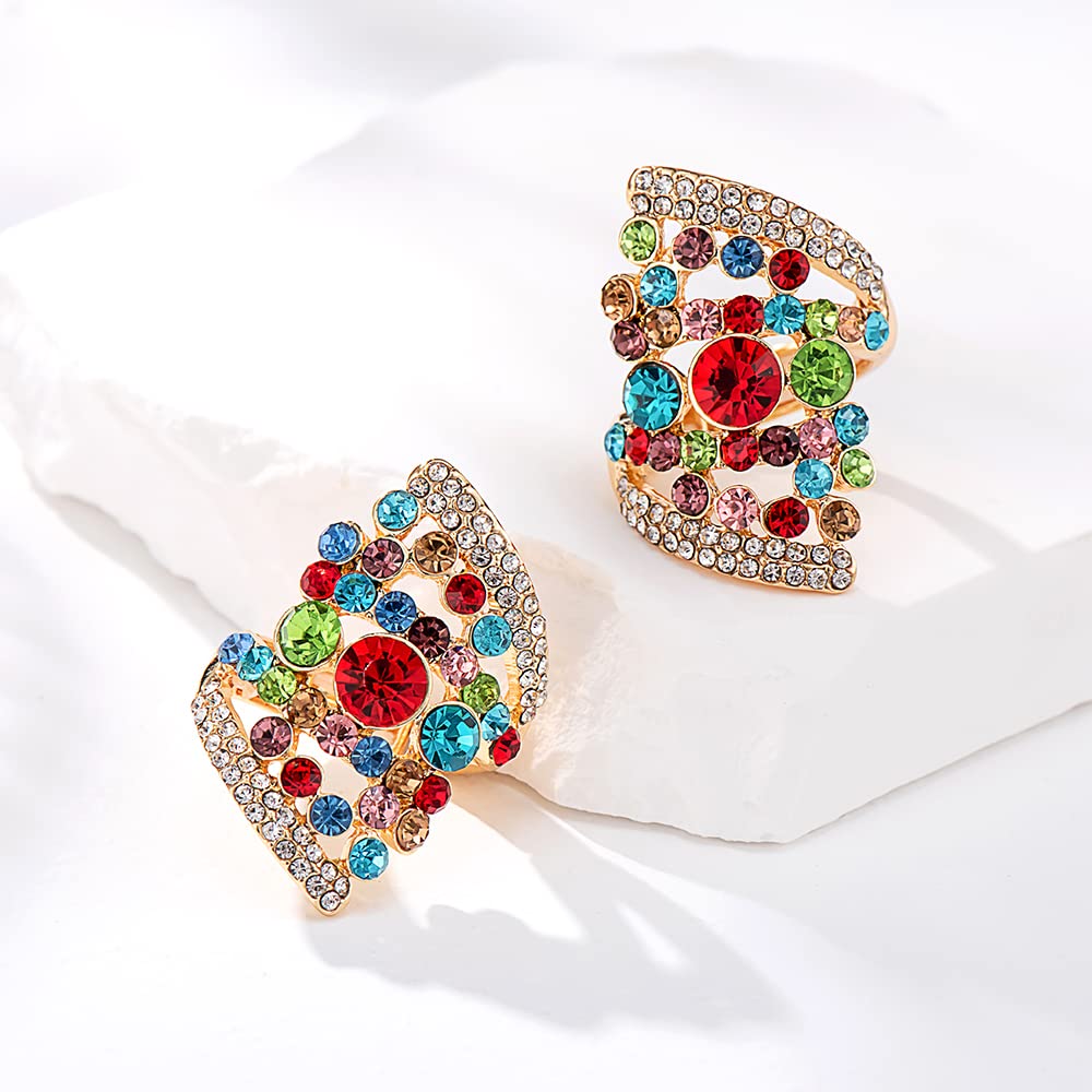 18K Gold Plated Iridescent Multi Color Gemstone Crystal Geometric Elastic Adjustable Stretchy Statement Rings for Women Cocktail Costume Jewelry