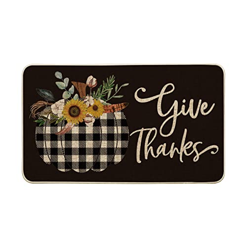 Artoid Mode Give Thanks Buffalo Plaid Pumpkin Decorative Doormat Black, Seasonal Fall Harvest Vintage Thanksgiving Low-Profile Floor Mat Switch Mat for Indoor Outdoor 17 x 29 Inch