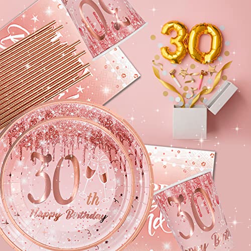 30th birthday decorations for women her - (Total 121pcs) rose gold Birthday supplies Plates and Napkins, Cups, Straws, tablecloth, Disposable Tableware for 24 Guests