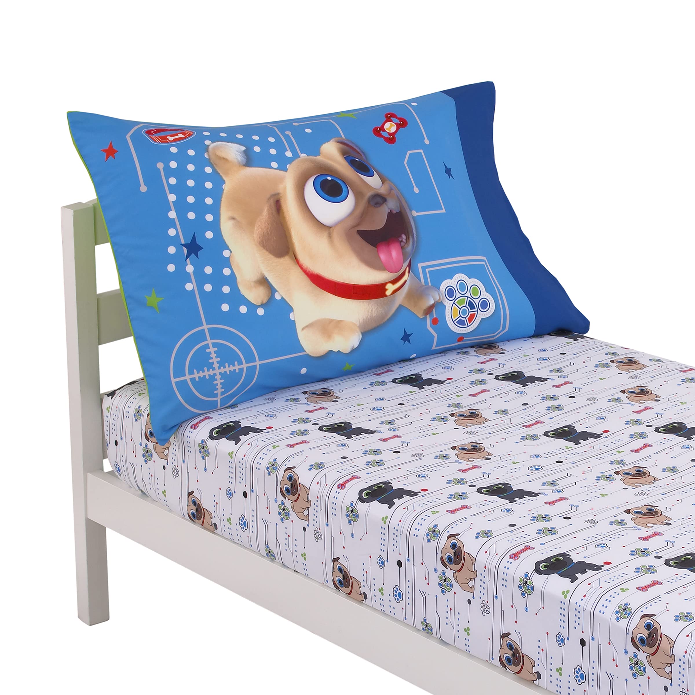 Disney Puppy Dog Pals Puppy Pals Fun White, Blue, & Green 2Piece Toddler Sheet Set - Fitted Bottom Sheet & Reversible Pillowcase, Blue, Green, Grey, White