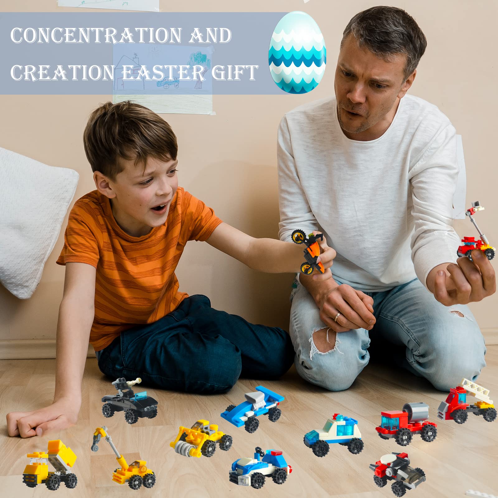 12Pcs Prefilled Easter Eggs with Car Building Blocks, Mini Construction Toys Inside, Easter Basket Stuffers Fillers for Easter Eggs Hunt Party Favors, Classroom Prize Gifts