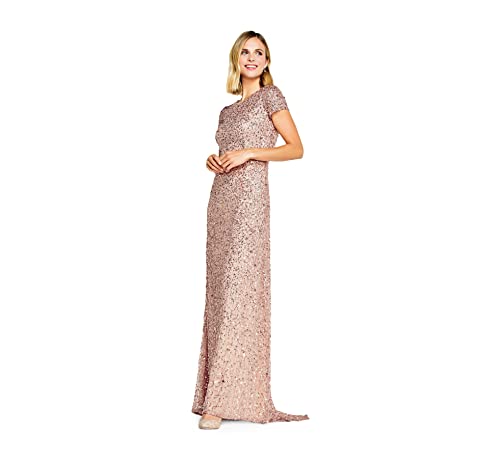 Adrianna Papell Women's Short-Sleeve All Over Sequin Gown, Rosegold, 16