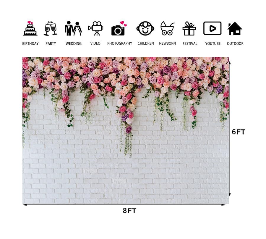 LTLYH 8x6ft White Brick Wall Flowers Backdrop Valentine's Day Theme Photography Backdrop Mother's Day Wedding Bridal Baby Shower Birthday Party Decor Banner 134