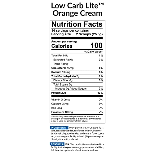 BioTrust Low Carb Lite, 20 Grams of Grass-Fed Whey Protein Isolate, 100 Calories, ProHydrolase Digestive Enzymes, Non-GMO, Free from Soy and Gluten, rBGH-Free (14 Servings) (Orange Cream)