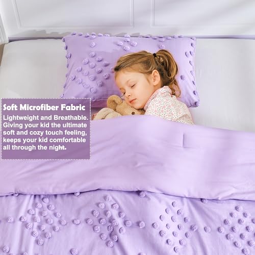 3-Piece Queen Size Kids Bedding Set for Girls Purple Boho Tufted Dots Jacquard Pom Pom Tufts Embroidery Bed-in-a-Bag Bohemian Kids Comforter Set for Boys with Comforter, 2 Pillowcase