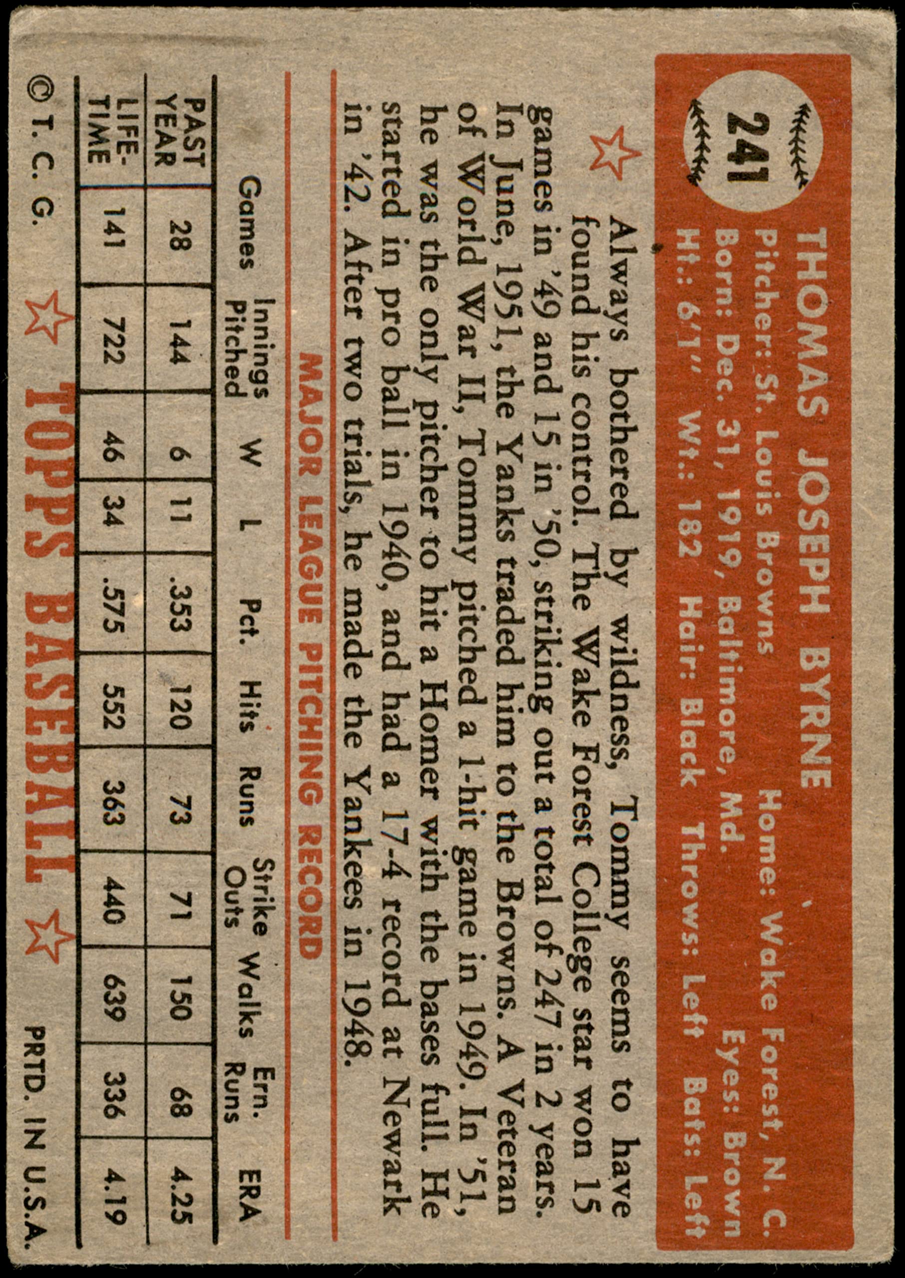1952 Topps # 241 Tommy Byrne St. Louis Browns (Baseball Card) VG Browns