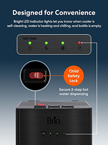 Brio CLBL520SCBLK Self-Cleaning Bottom Load Water Cooler Dispenser for 3 & 5 Gallon Bottles β Hot, Room & Cold Spouts, Child-Safety Lock, LED Display & Night Light, Black Stainless Steel