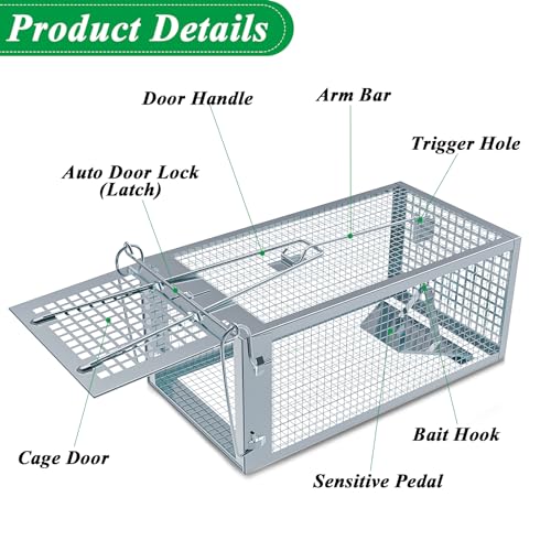 2 Packs Humane Rat Trap Outdoor Mouse Traps Indoor Use, Rodent Chipmunk Traps for Small Live Animal Catch and Release