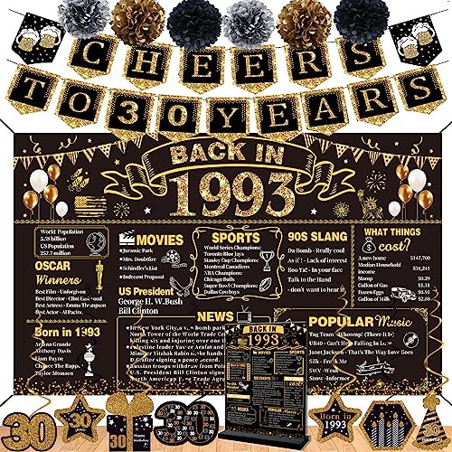 30th Birthday Decorations for Men Women,16PCS Back in 1993 Banner 30 Year Old Party Decorations,Including Vintage 1993 Banner,1993 Poster Anniversary Card,Cheers to 30 years banner,7 Hanging Swirl,6 paper Poms,30th Birthday Gifts for Men