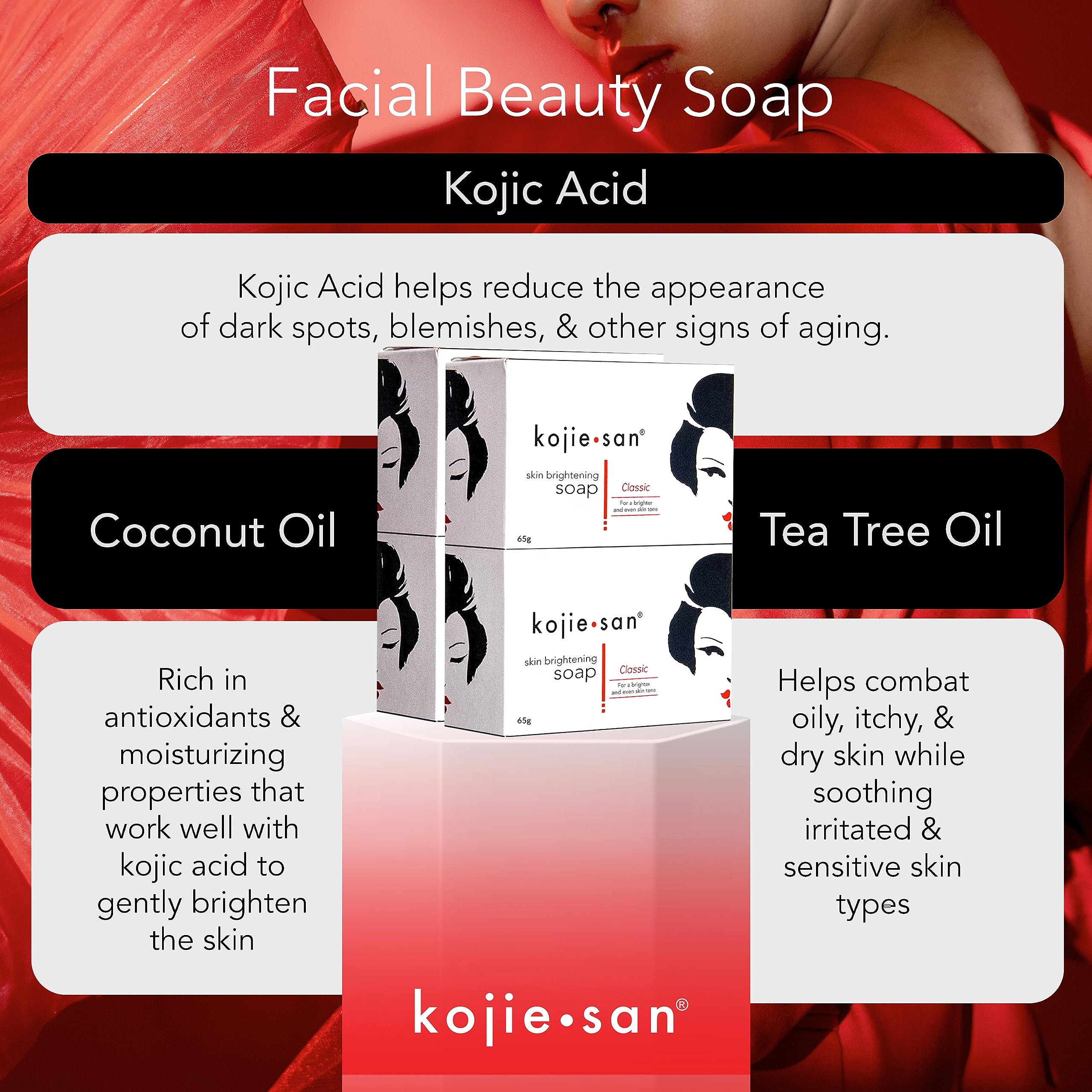 Kojie San Skin Brightening Soap - Bundle Pack - Original Kojic Acid, Dark Spot Remover Bar Soap with Coconut & Tea Tree Oil - 65g x 4 Bars