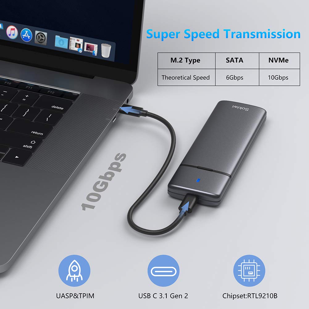 M.2 NVMe SATA SSD Enclosure Adapter Tool-Free, USB 3.2 Gen2 10Gbps External NVMe to USB PCI-E 6Gbps SATA M-Key / B+M Key, NVMe Reader Support UASP Trim for SSDs 2230/2242/2260/2280