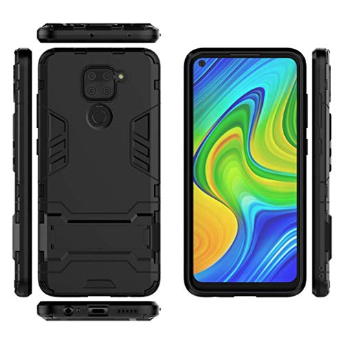 Smfu Cover for XiaoMi Redmi Note 9 Heavy Duty Shockproof Case with Kickstand Feature Hybrid Dual Layer Armor Defender Protective Cover-with Screen Protector 2 Pack-for Redmi Note 9(Black)