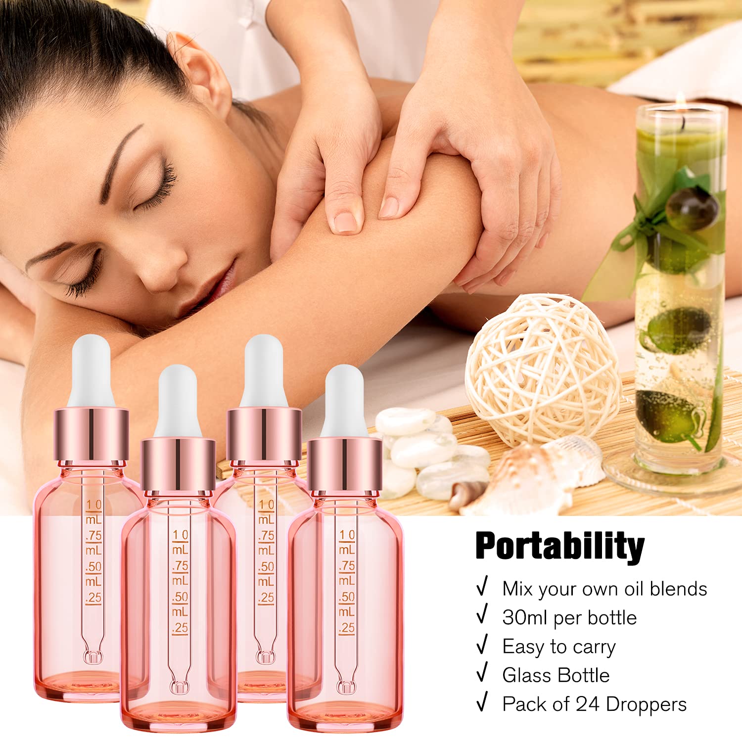 PrettyCare 4 Pack 1oz Eye Dropper Bottle Rose for Essential Oils with Measured Pipettes, 30ml Glass Bottles with Eye Droppers Tincture Bottles, Leak Proof Travel Bottles