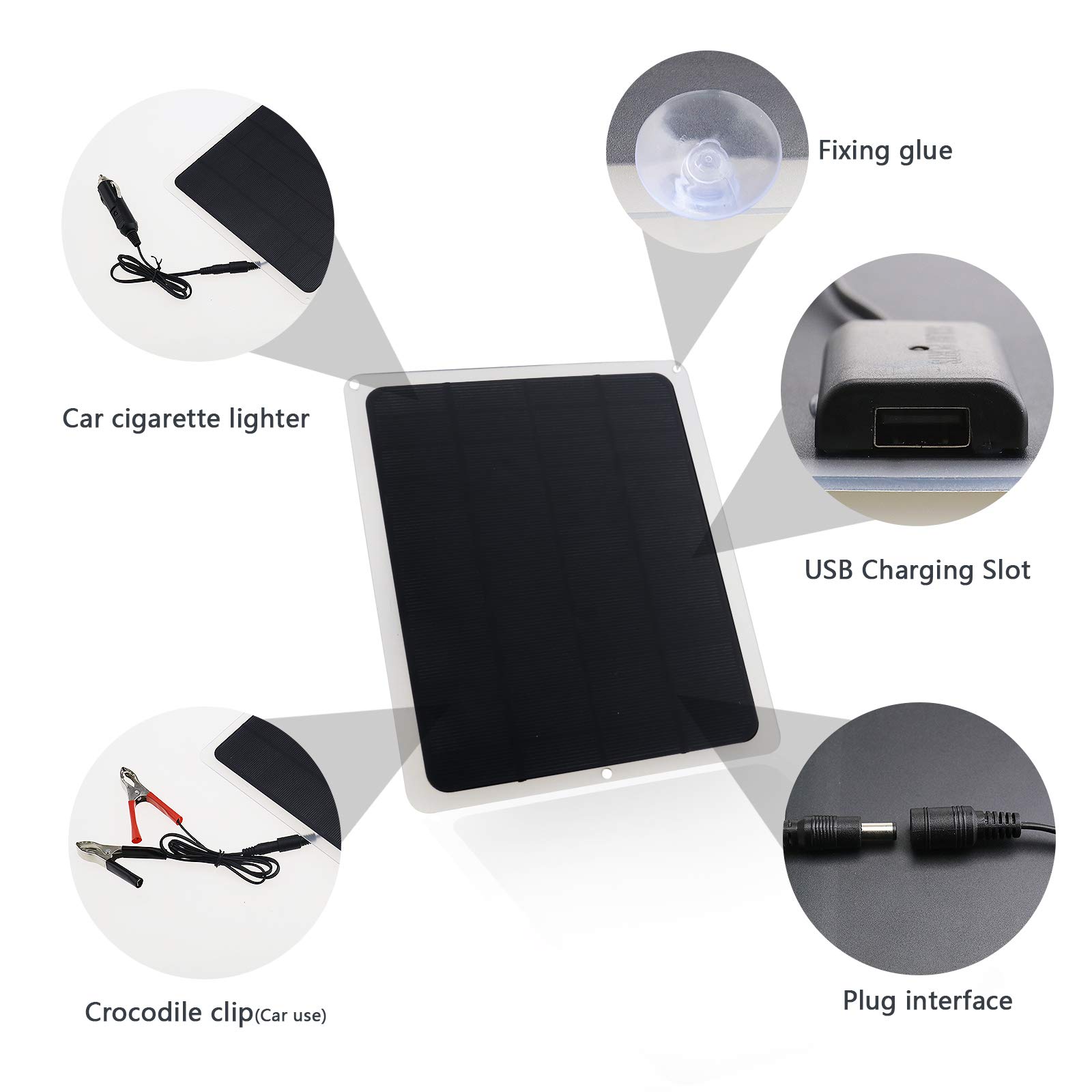 12V DC USB 5V Solar Car Battery Charger Portable SunPower Panel Trickle with Cigarette Lighter Plug Alligator Clip Cables USB Port Outdoor Travel Camping