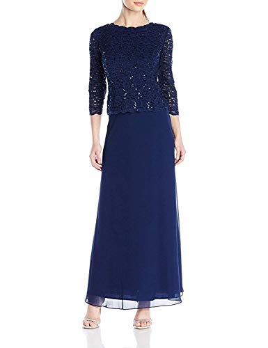 Alex Evenings Women's 3/4 Sleeve Stretch Lace Bodice Mock One Piece Gown, Navy, 10P