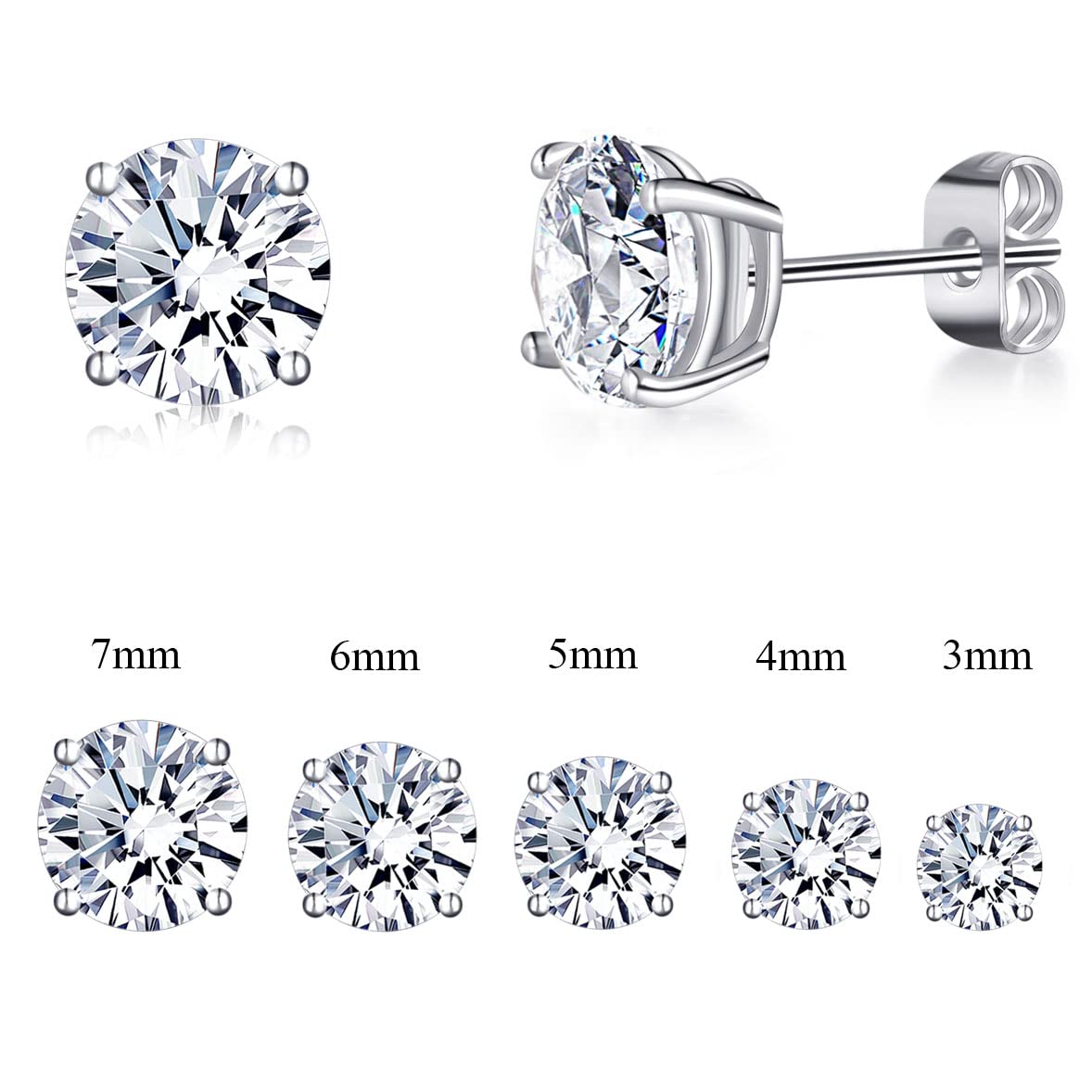 18K White Gold Plated Stud Earrings 4 Prong Round Cut Brilliant 3-7mm Cubic Zirconia Earring Studs (5 Pairs)