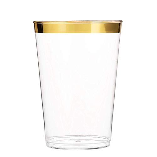 700 Piece Gold Dinnerware Set - 200 Gold Rim Plastic Plates - 300 Gold Plastic Silverware - 100 Gold Plastic Cups - 100 Linen Like Gold Paper Napkins, 100 Guest Disposable Gold Dinnerware Set