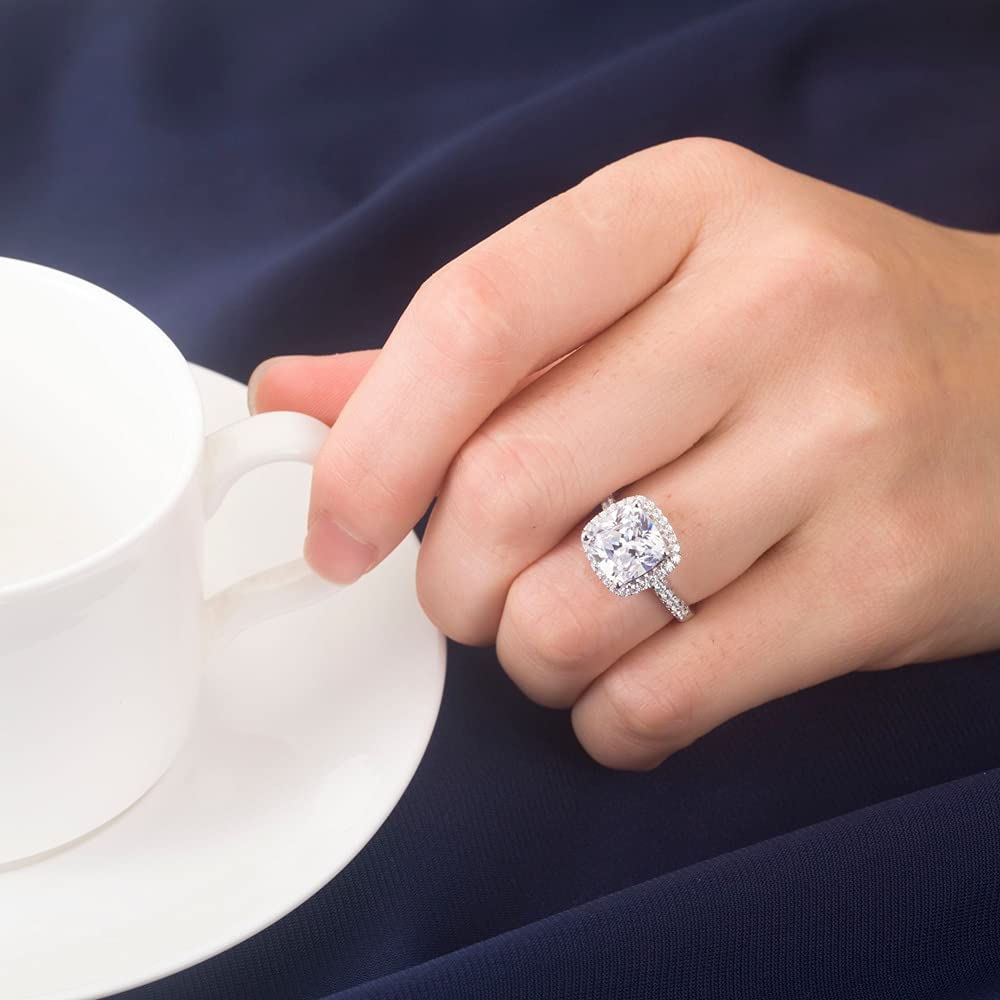 18K White Gold Plated 3CT Zircon Cushion Halo Diamond Ring for Women Sterling Silver Jewelry