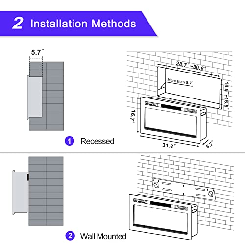 31 inch Electric Fireplace, Recessed and Wall Mounted Fireplace, Electric Fireplace Inserts with 750W/1500W Heater, Remote Control Timer, Adjustable 144 Color Combinations