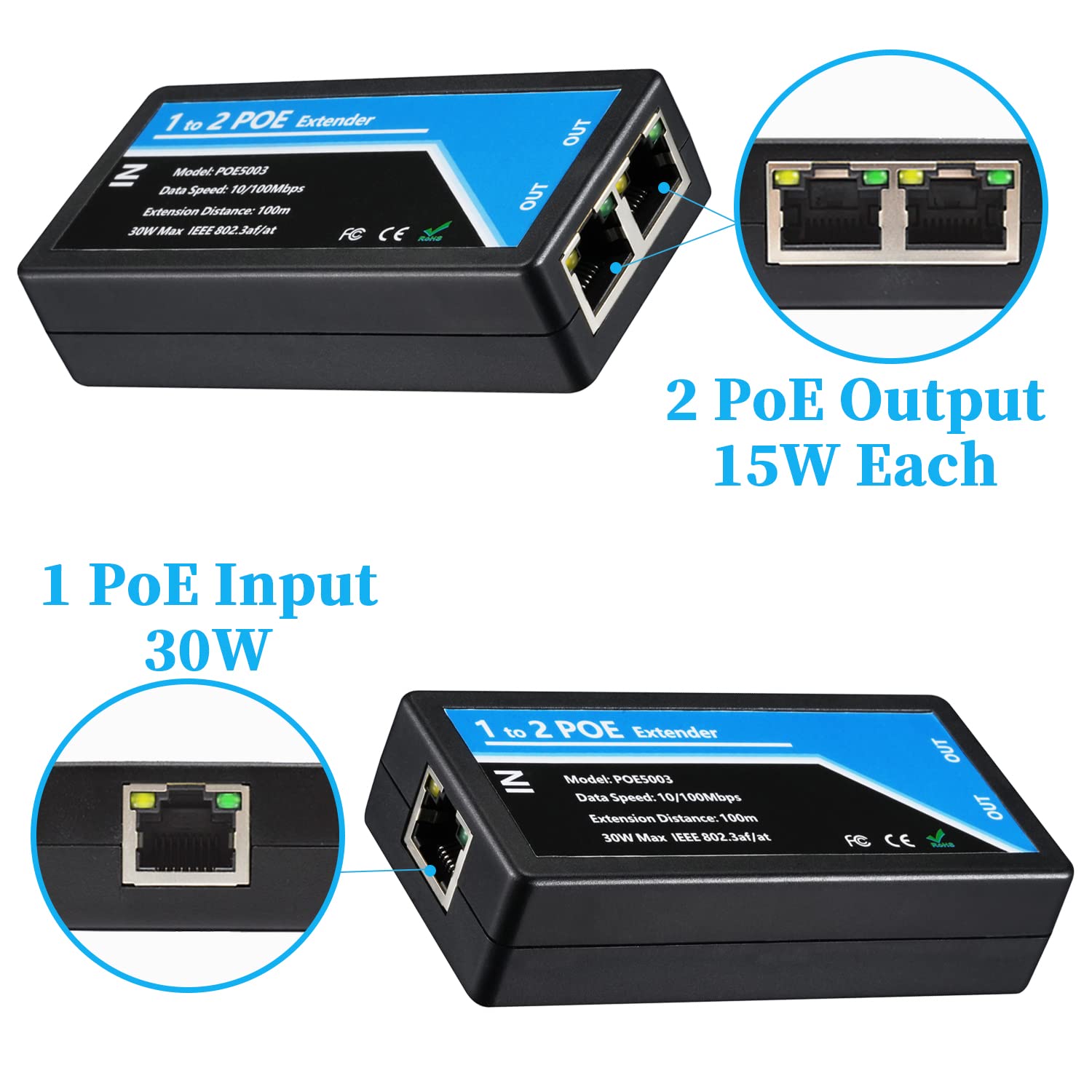 Revotech 2 Port POE Extender POE+ Repeater 100 Meters(328 ft) Extender 1 in 2 Out Comply IEEE 802.3af/at Standard 10,100Mbps for Security POE Camera Over Cat5/Cat6 or UTP Cables(POE5003)